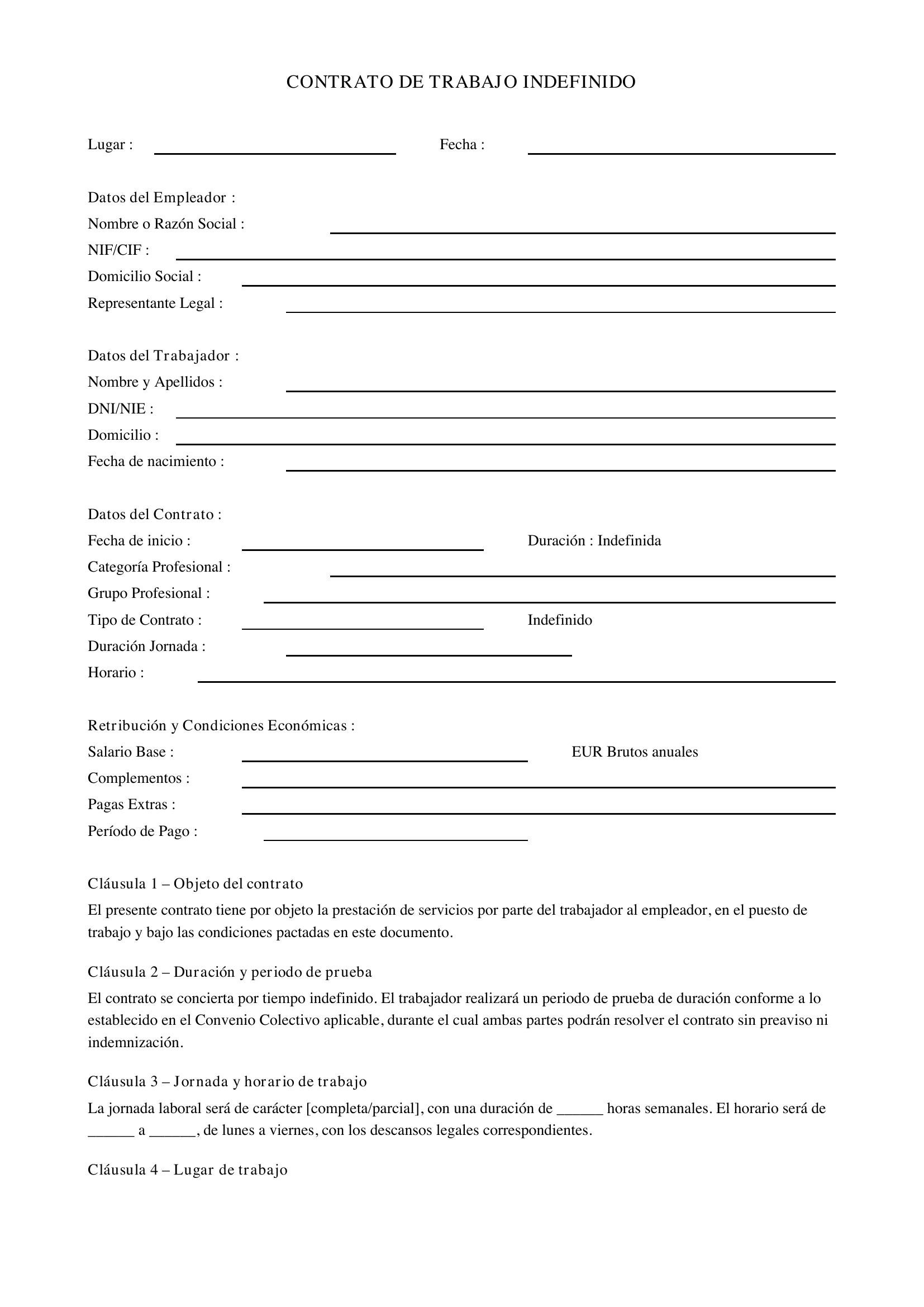 Modelo De Contrato De Trabajo Indefinido