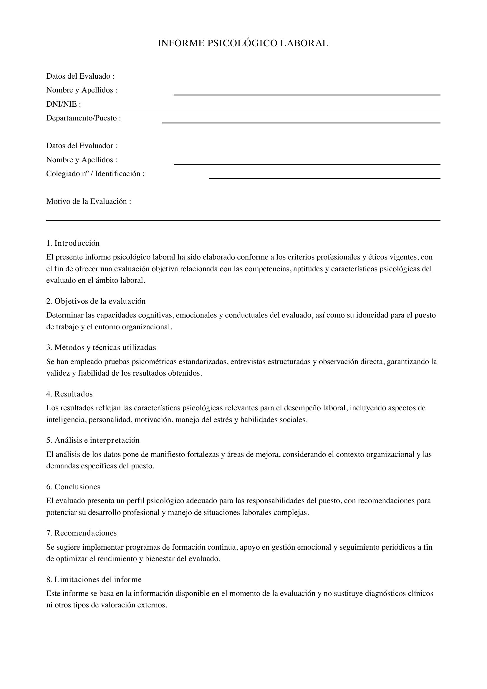 Modelo De Informe Psicológico Laboral